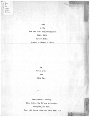 "Index to the New York State Museum bulletins, 1888-1973: Subject index ...